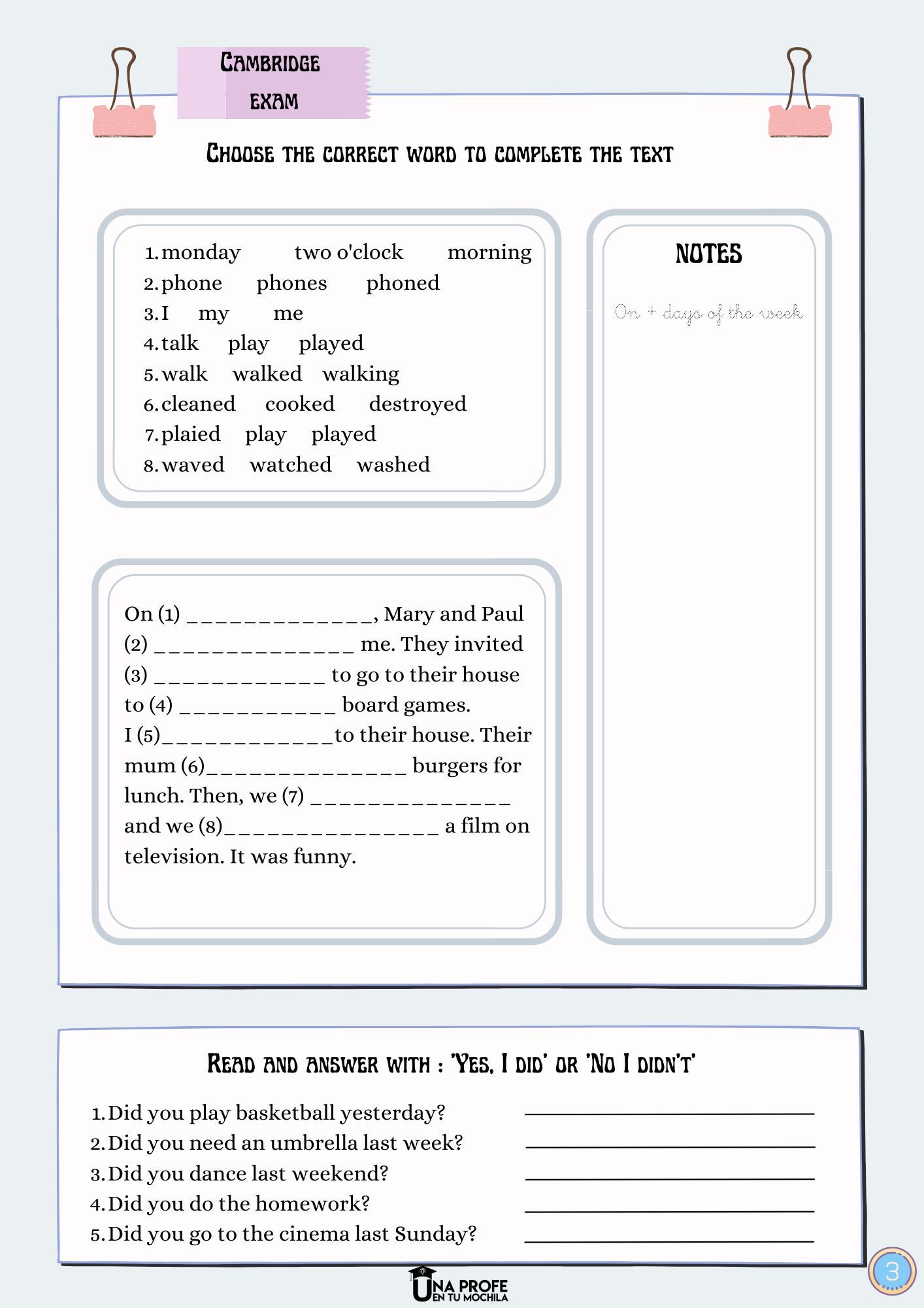 Dossier de actividades para trabajar Past simple en Primaria | Una profe en tu mochila